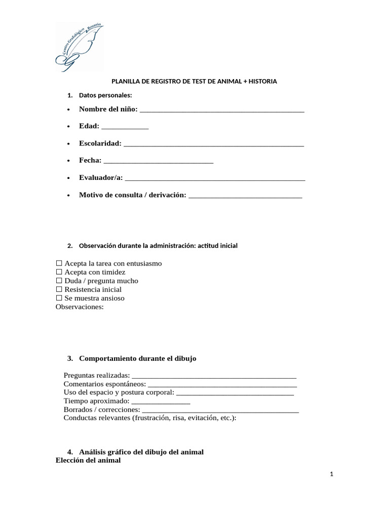 Planilla de Registro de Test de Animal | PDF | Ciencias del ...