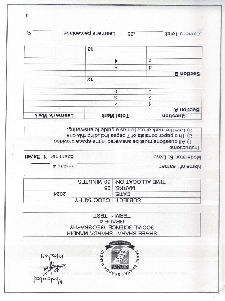 Geography Test Grade 4 Term 1 | PDF