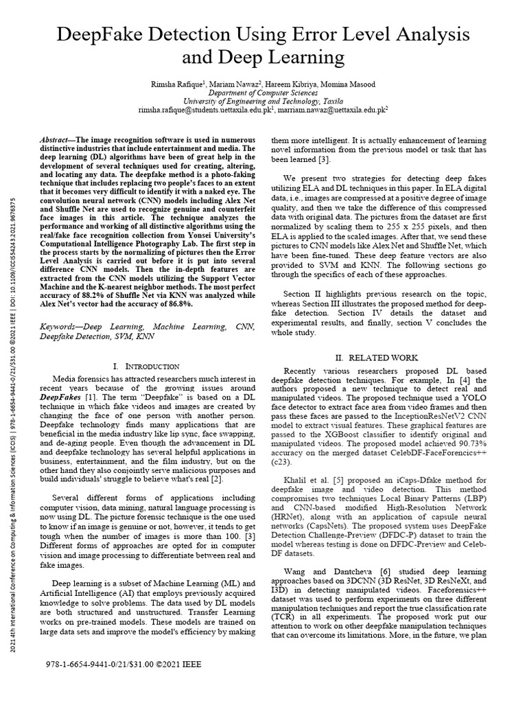 DeepFake Detection Using Error Level Analysis and Deep Learning | PDF ...