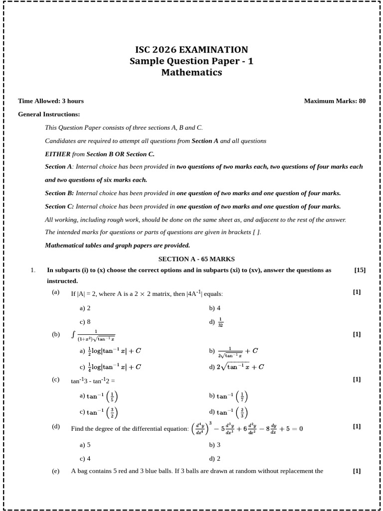 ISC Sample Paper Class 12 Mathematics 2026 Set - 1 PDF | PDF ...