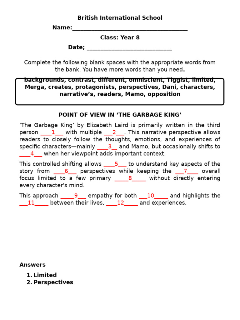 Yr8 Point of View Garbage King | PDF