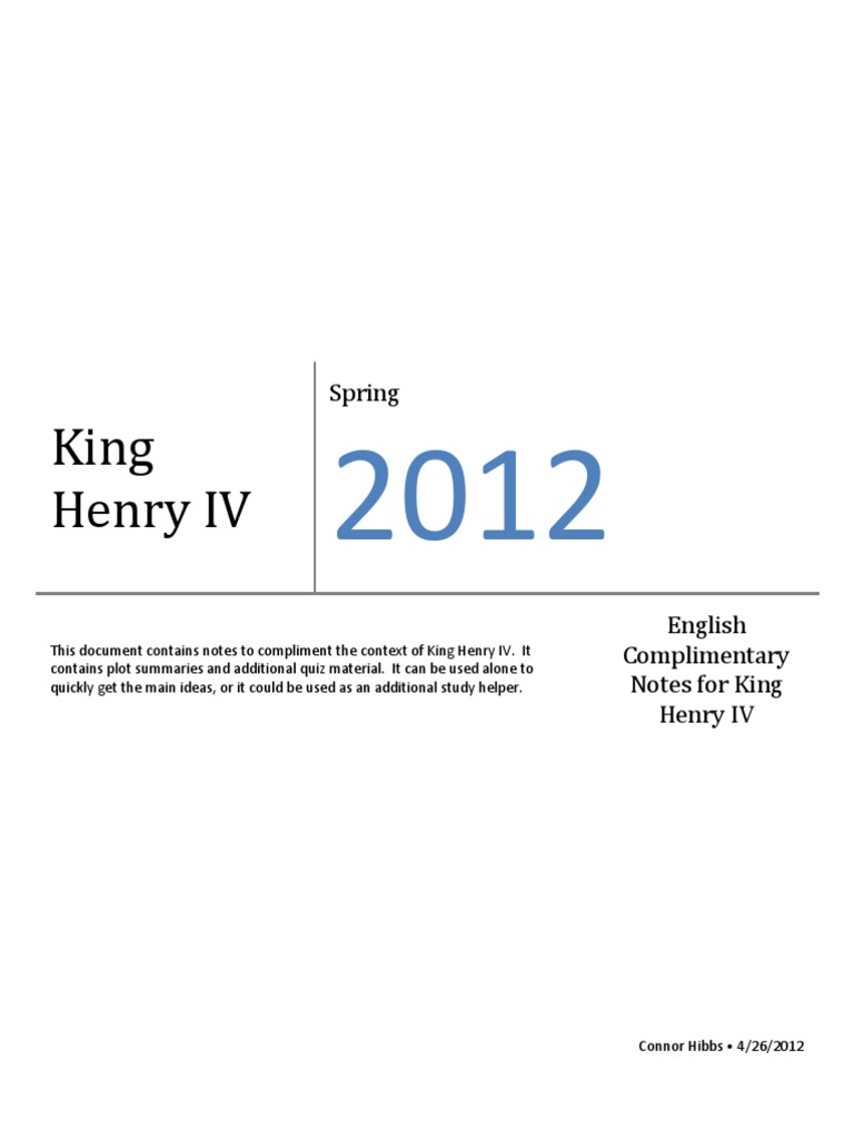 King Henry IV Study Guide | PDF | Henry Iv, Part 1