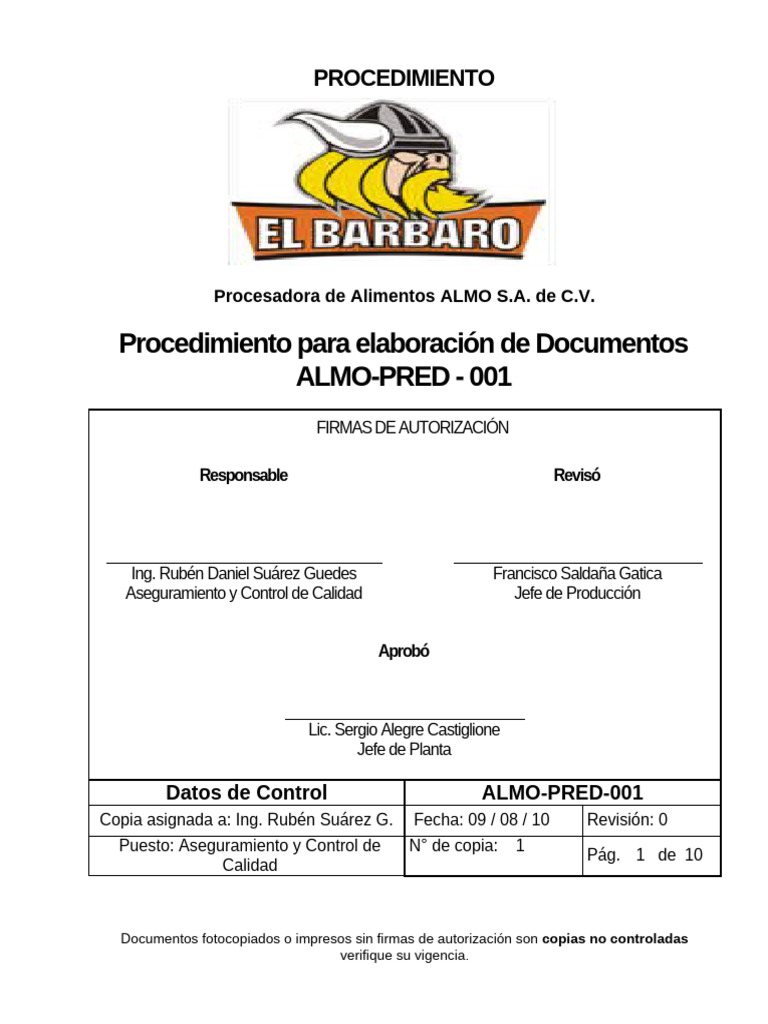 ALMO-PRED-001 Procedimiento para La Elaboración de Documentos Ok | PDF ...