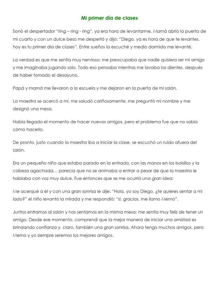 CUENTO - Mi Primer Día de Clases | PDF