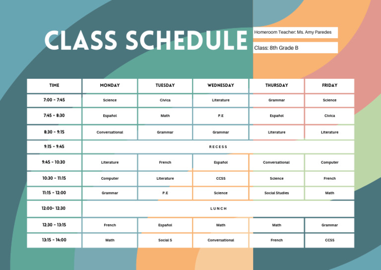 Class Schedule Education in Green Blue and Orange Flat Graphic Style | PDF