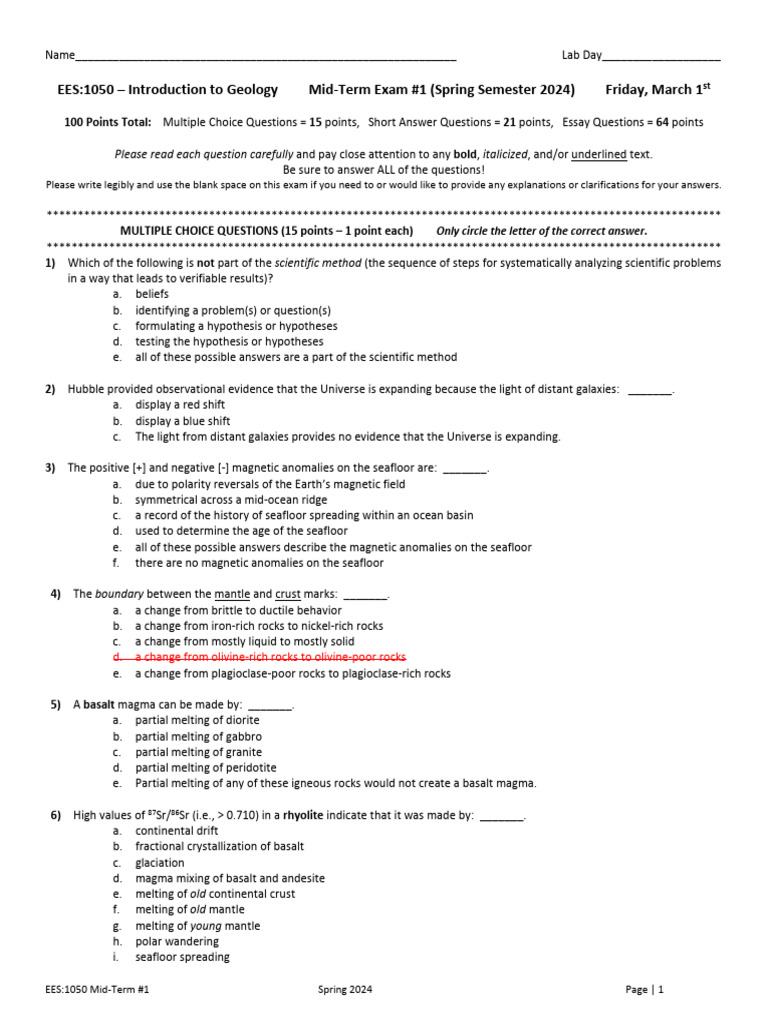 EES 1050 Mid-Term 1 - Spring 2024 | PDF | Magma | Basalt