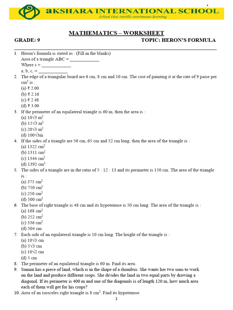 Heron's Formula Worksheet Class IX | PDF | Area | Triangle Geometry