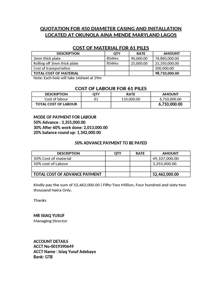 Invoice for 450 Diameter Casing and Installation | PDF