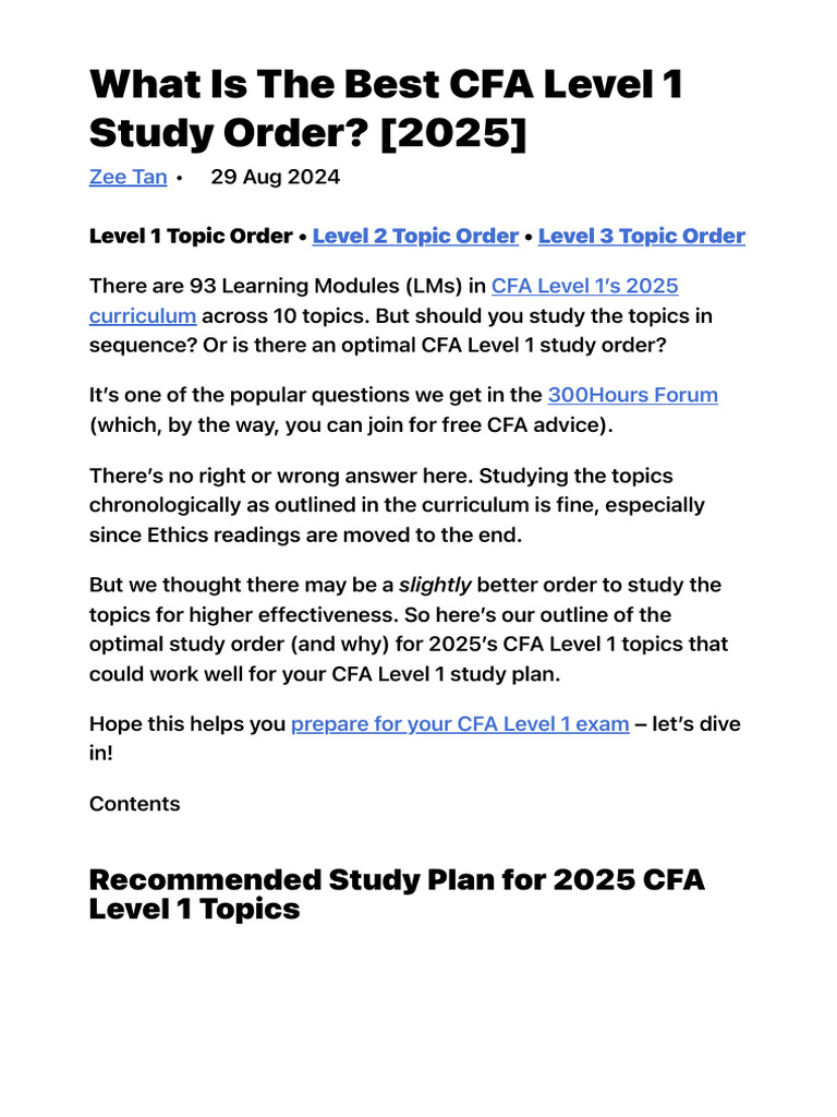 What Is The Best CFA Level 1 Study Order - (2025) - 300hours | PDF ...