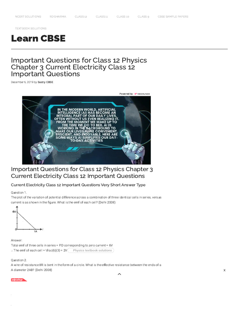 Important Questions For Class 12 Physics Chapter 3 Current Electricity ...