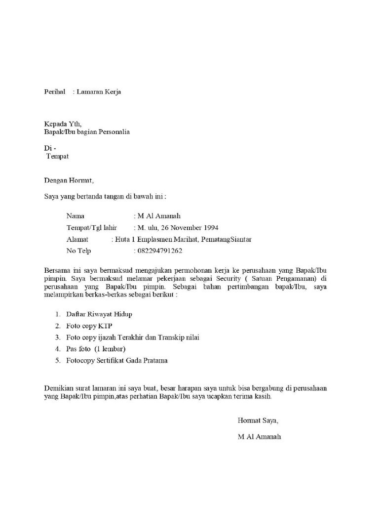 Contoh Lamaran Kerja Security - Page 0001 | PDF