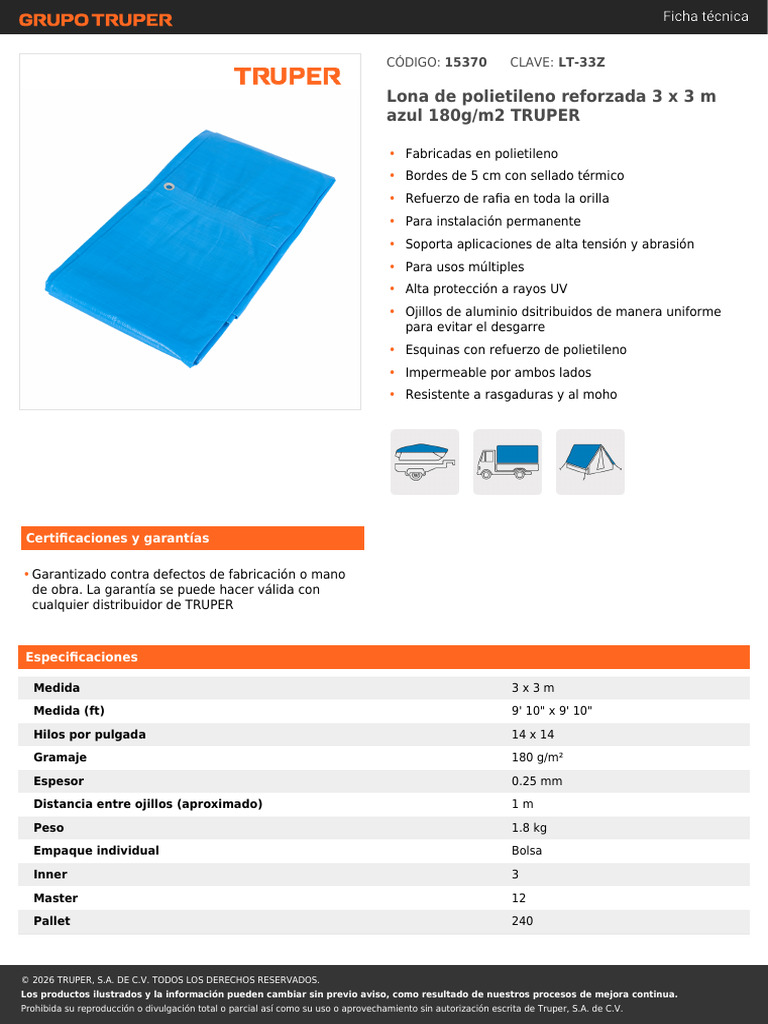 Lona de Polietileno Reforzada 3 X 3 M Azul 180g/m2 TRUPER: Código ...