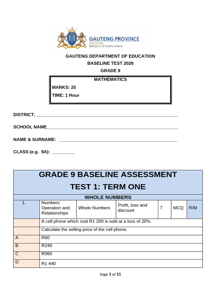 Grade 9 Term 1 Mathematics Baseline Test 2026 | PDF | Exponentiation ...