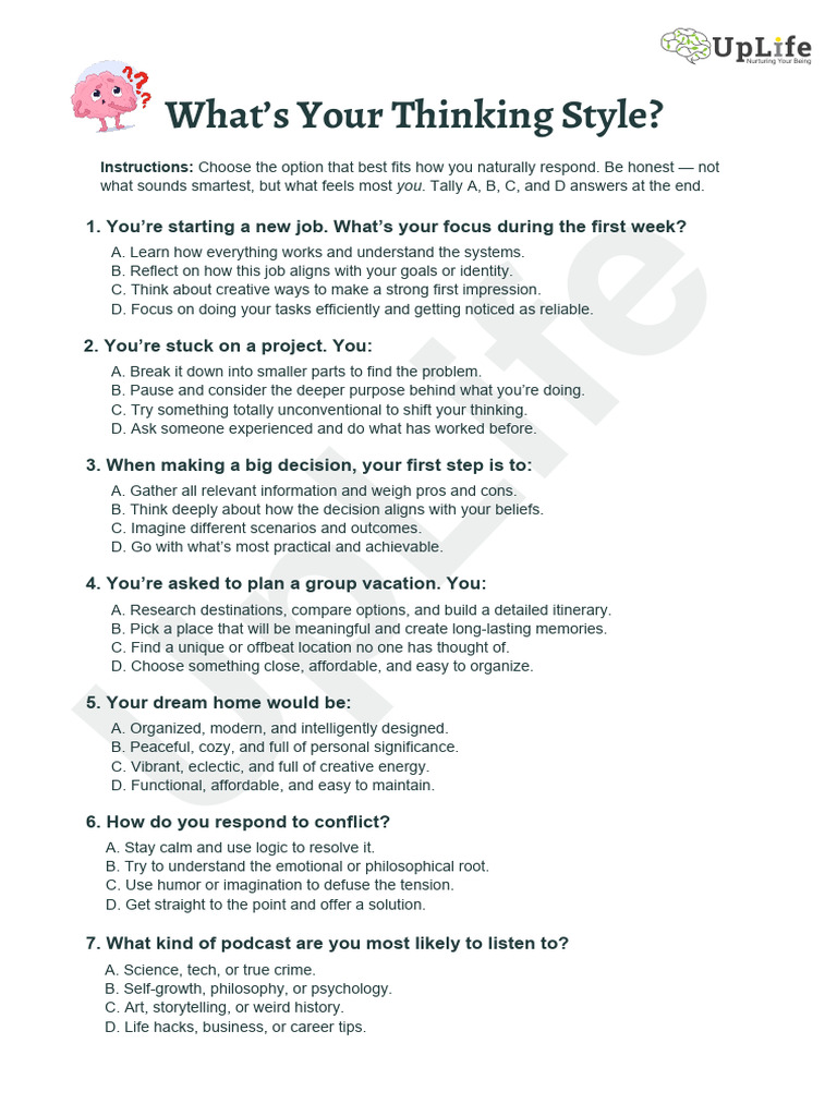 Thinking Style Quiz | PDF | Thought | Awareness