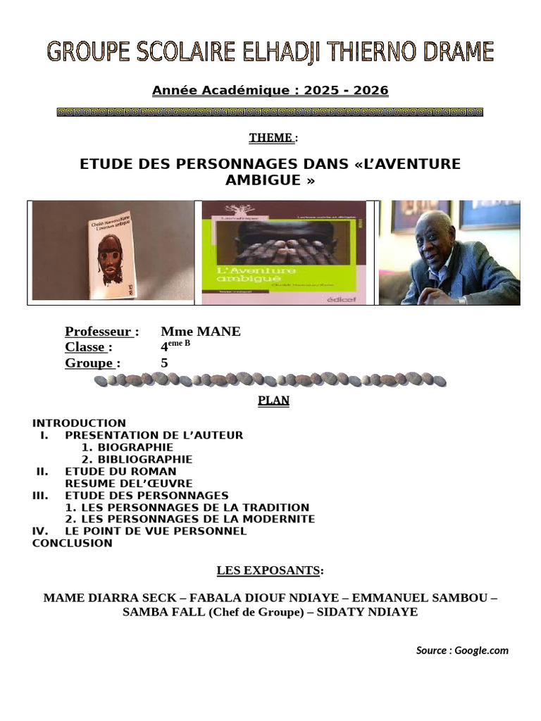 Exposé Aventure Ambigue-Etude Des Personnages 2026 | PDF