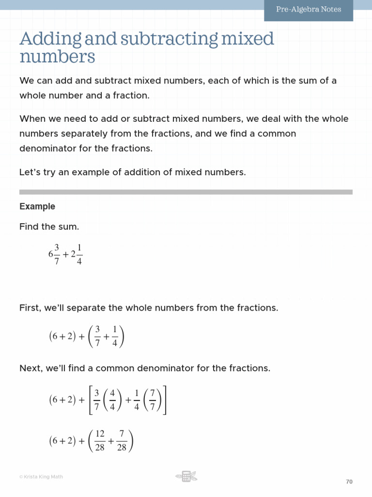 005 Adding and Subtracting Mixed Numbers | PDF | Subtraction ...