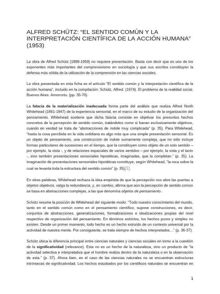 Alfred Schütz - "El Sentido Común y La Interpretación Científica de La ...