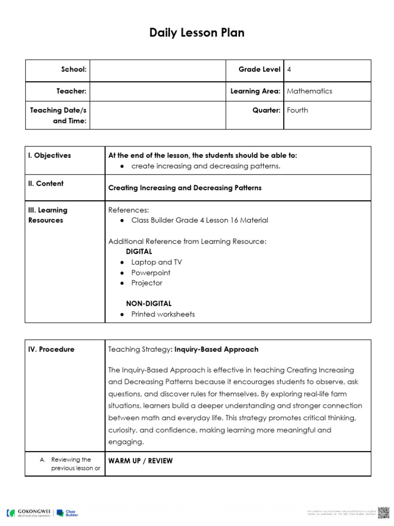 M4Q4L16 Lesson Plan - Creating Increasing and Decreasing Patterns | PDF ...