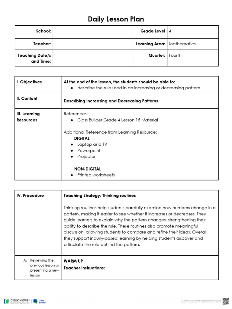 M4Q4L15 Lesson Plan - Describing Increasing and Decreasing Patterns ...