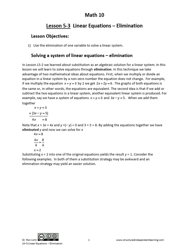 L5-3 Linear Equations Elimination | PDF | Equations | System Of Linear ...