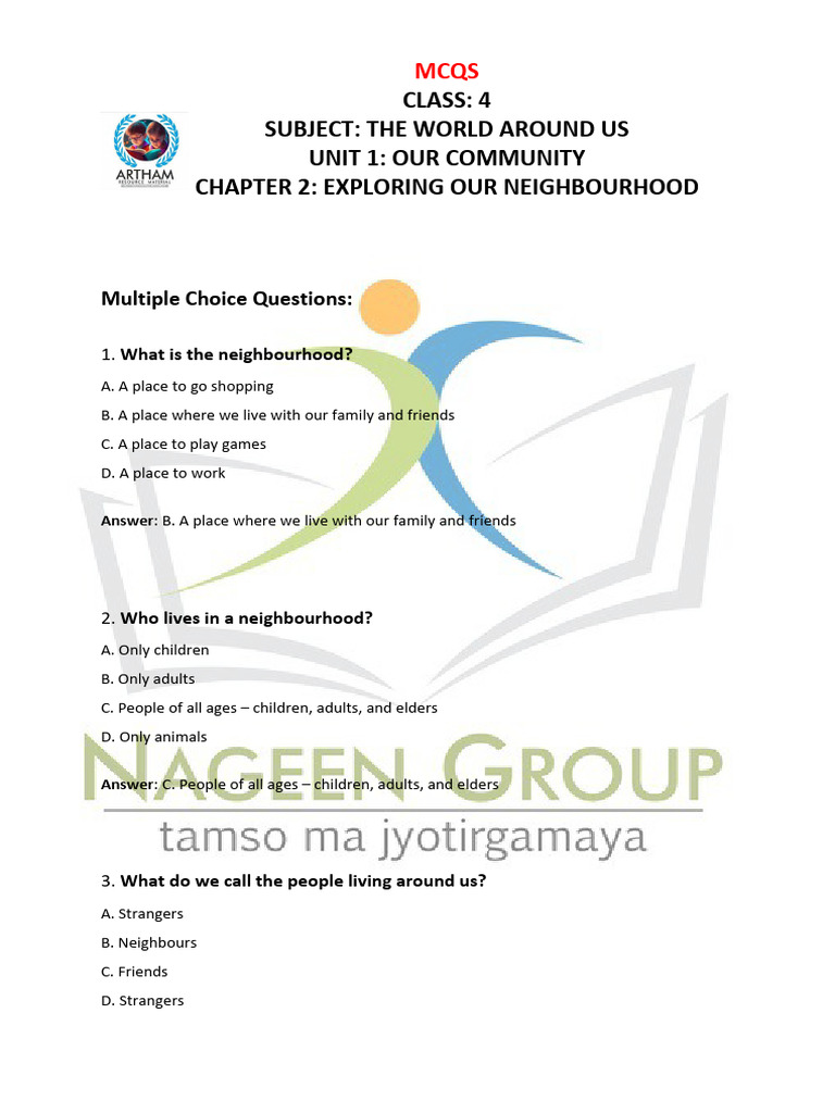 Class 4 Evs Mcqs Un 1 Our Community CH 2 Exploring Our Neighbourhood | PDF