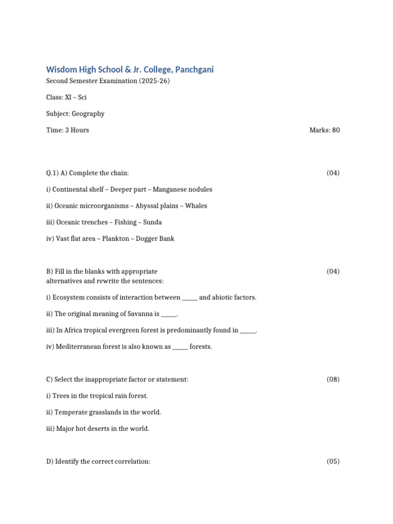 Class XI Geography Second Semester Exam Board Format | PDF | Forests ...