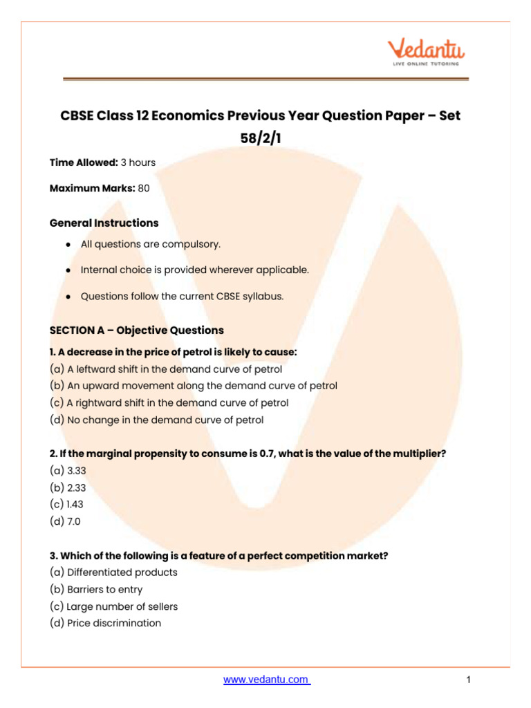 CBSE Class 12 Economics Question Paper Set 58-2-1 2025 PDF & Solutions ...