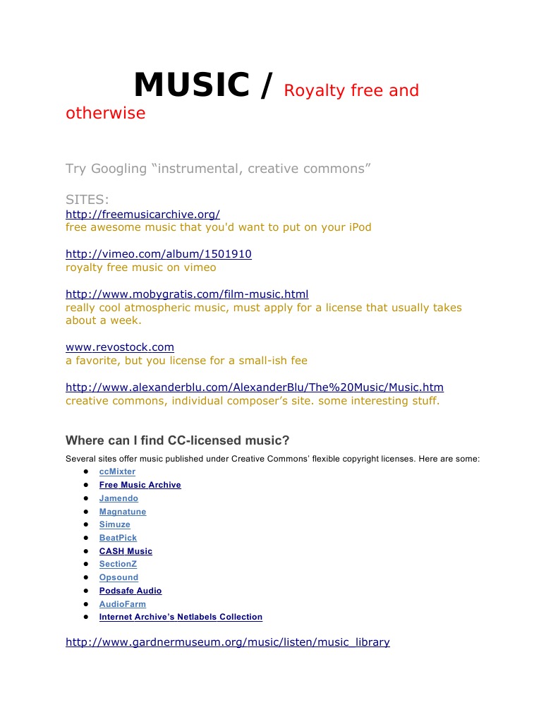 Royalty-Free & Creative Commons Music Sources | PDF