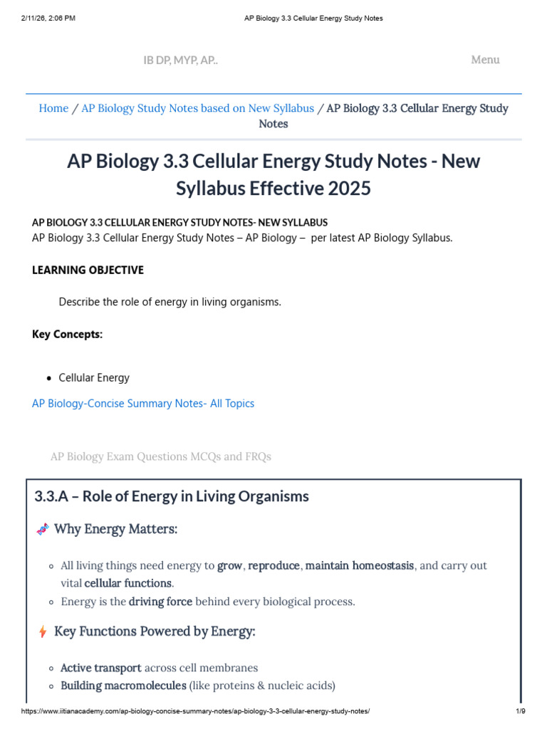 AP Biology 3.3 Cellular Energy Study Notes | PDF | Biology | Cellular ...