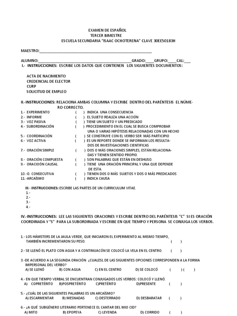 Examen de Español Tercer Bimestre | PDF | Españoles