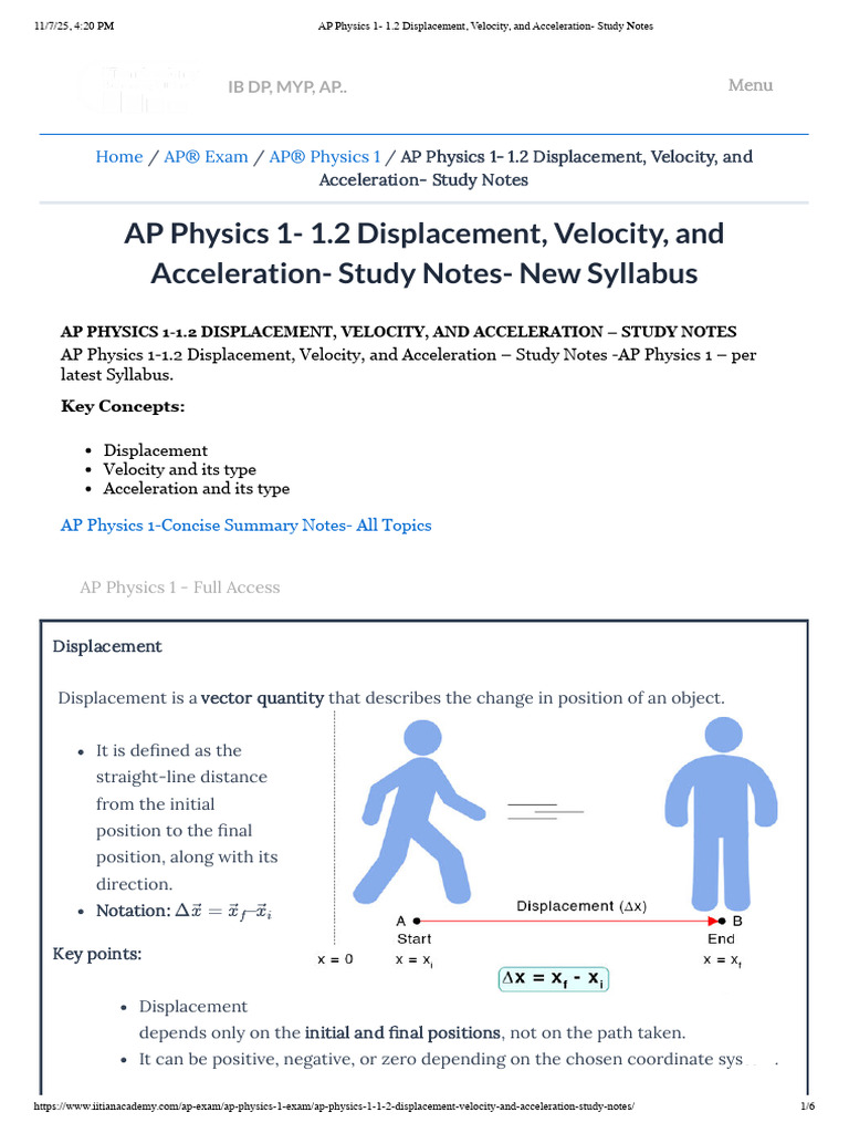 AP1 - 1.2 Displacement, Velocity, and Acceleration - Study Notes | PDF ...