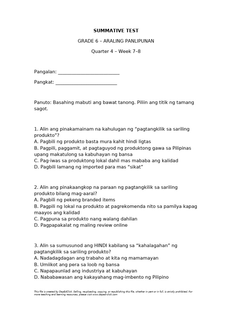 Grade6 AP Summative Test Q4 Week7-8 | PDF