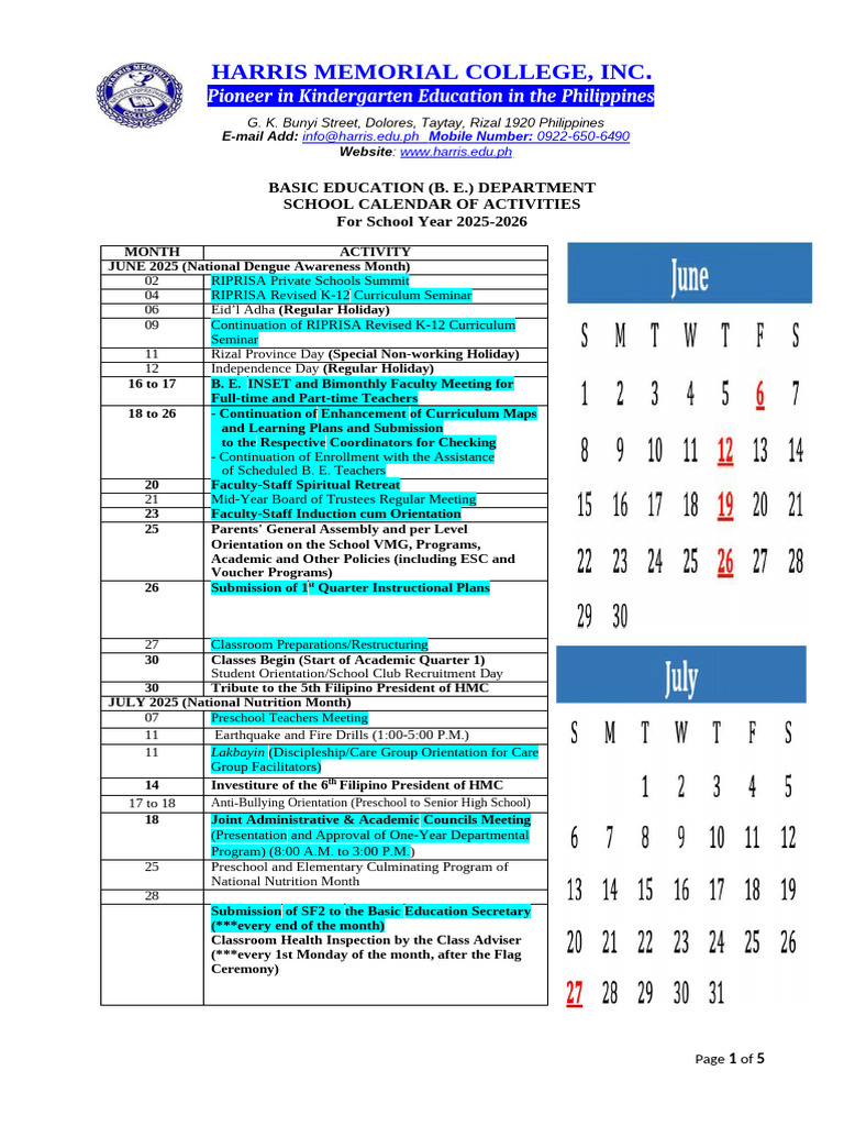 Preschool Calendar of Activities S. Y. 2025 2026 | PDF | Observances