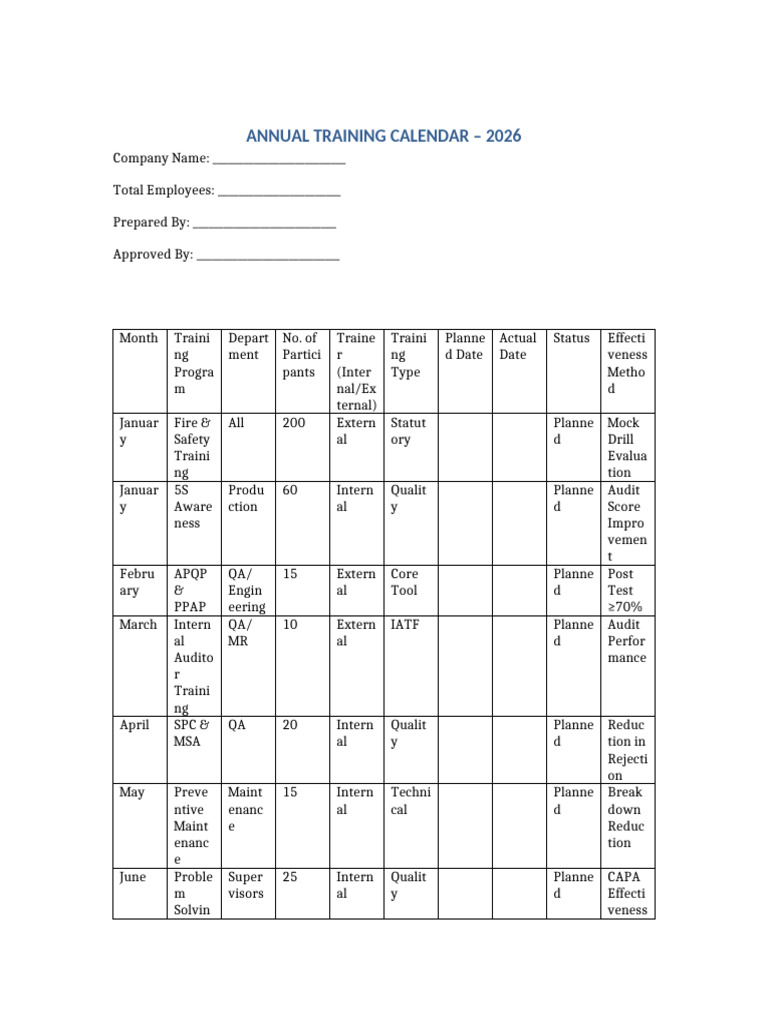 Annual Training Calendar 2026 | PDF