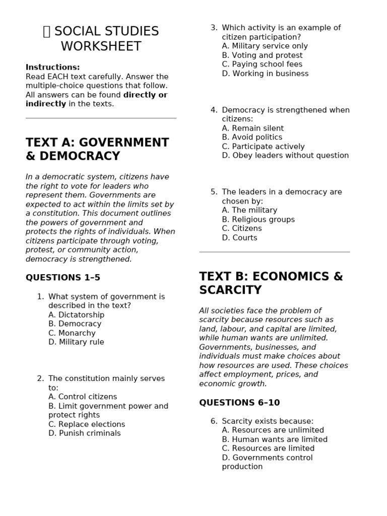 ? Social Studies Worksheet | PDF | Democracy | Political Ideologies