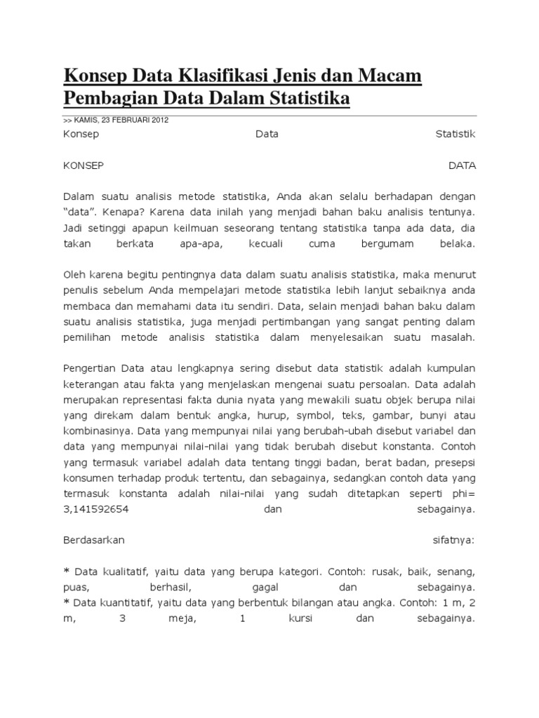 Konsep Data Klasifikasi Jenis Dan Macam Pembagian Data Dalam Statistika ...