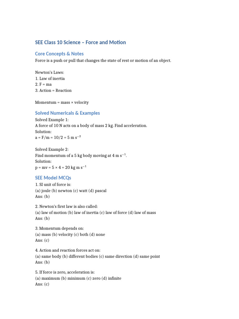 Force and Motion SEE Class 10 Science | PDF