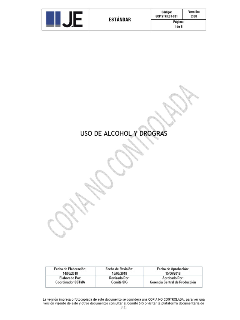 Gcp-Str-Est-021 Uso de Alcohol y Drogas Ver 02 | PDF | Gestión de ...