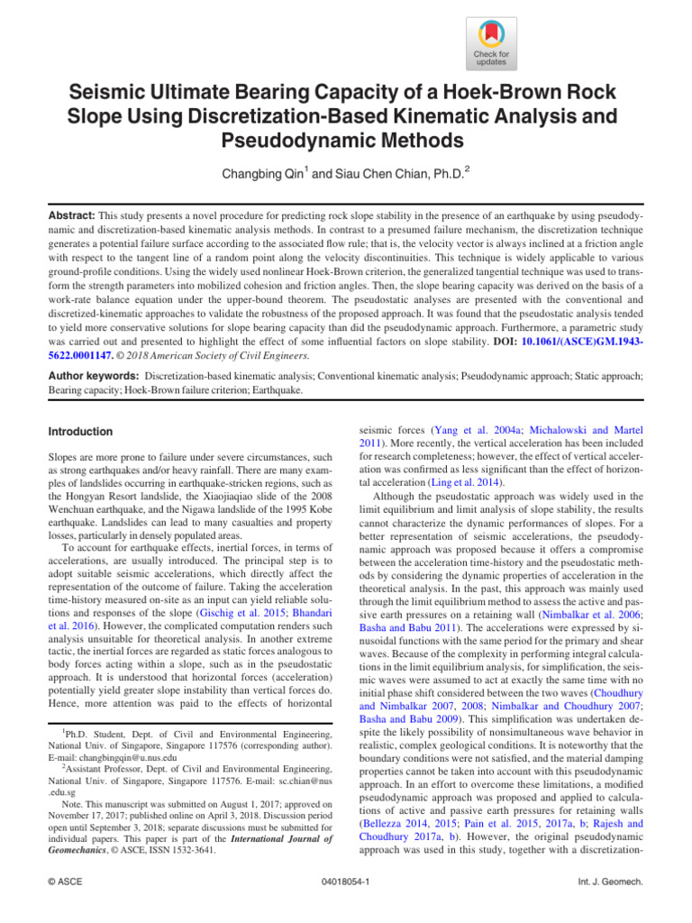 Seismic Ultimate Bearing Capacity of A Hoek-Brown Rock Slope Using ...