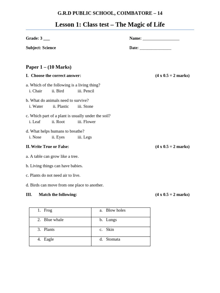 Class 3 LN 1 ClassTest Final | PDF