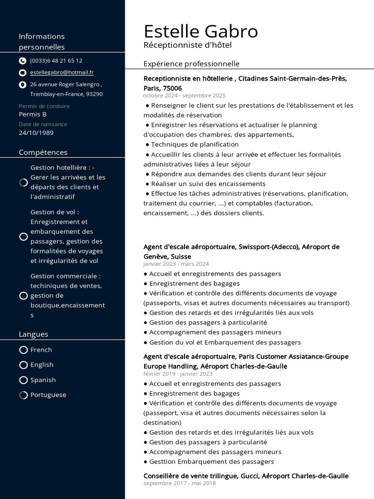 CV - Receptionniste Hotel 2025 | PDF | Aéroport