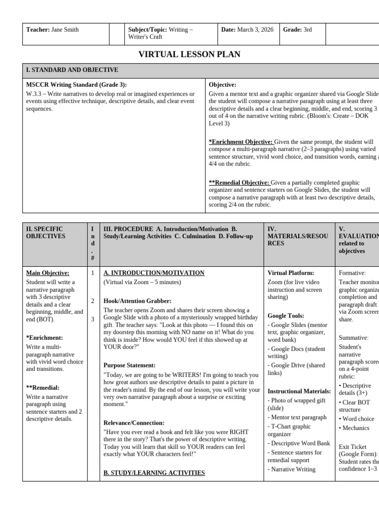 Virtual Lesson Plan | PDF | Narrative | Teachers