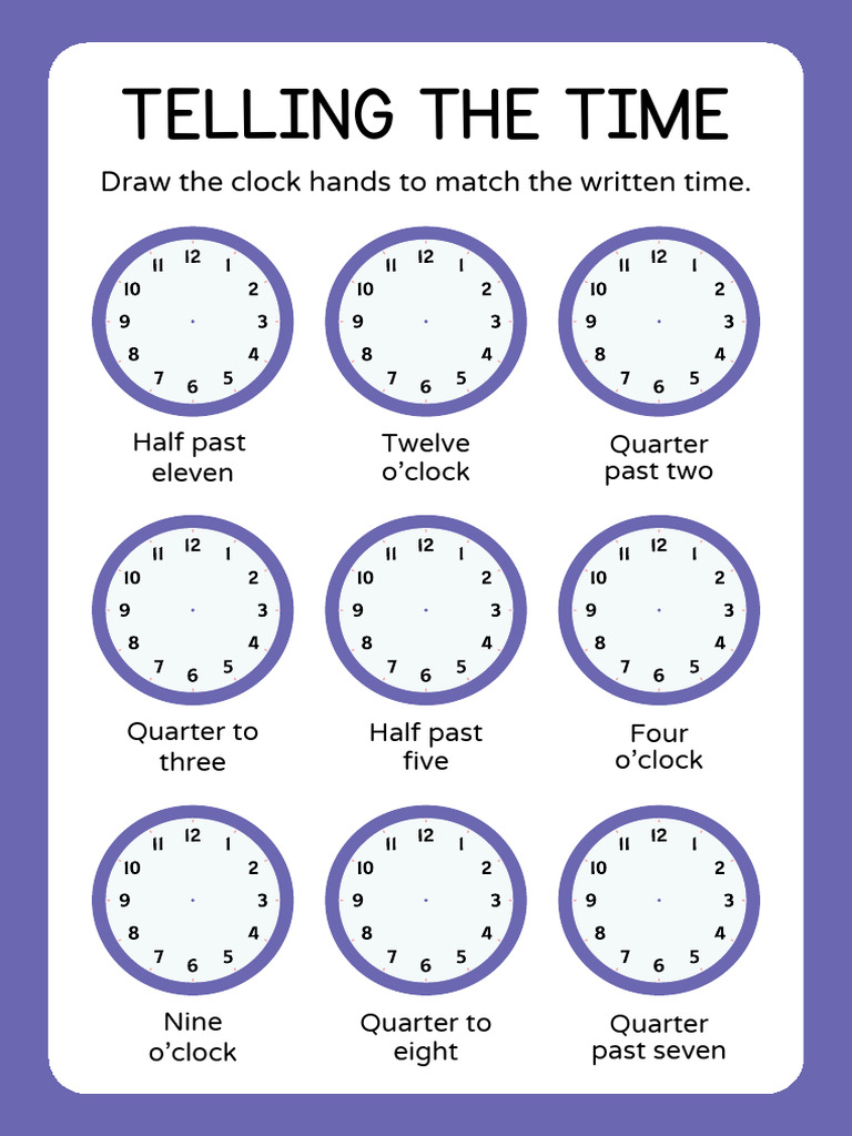 Telling the Time Math Worksheet in Purple Illustrative Style_20260305 ...