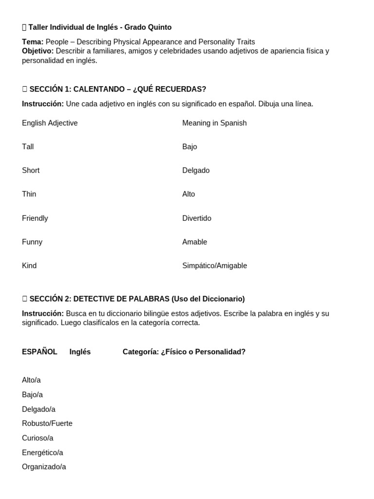 ? Taller Individual de Inglés | PDF | Pelo | Lingüística