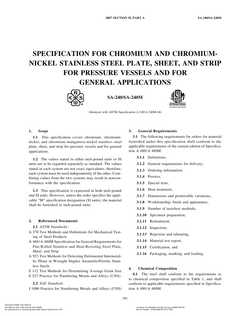 ASME_SA240 | Stainless Steel | Specification (Technical Standard)