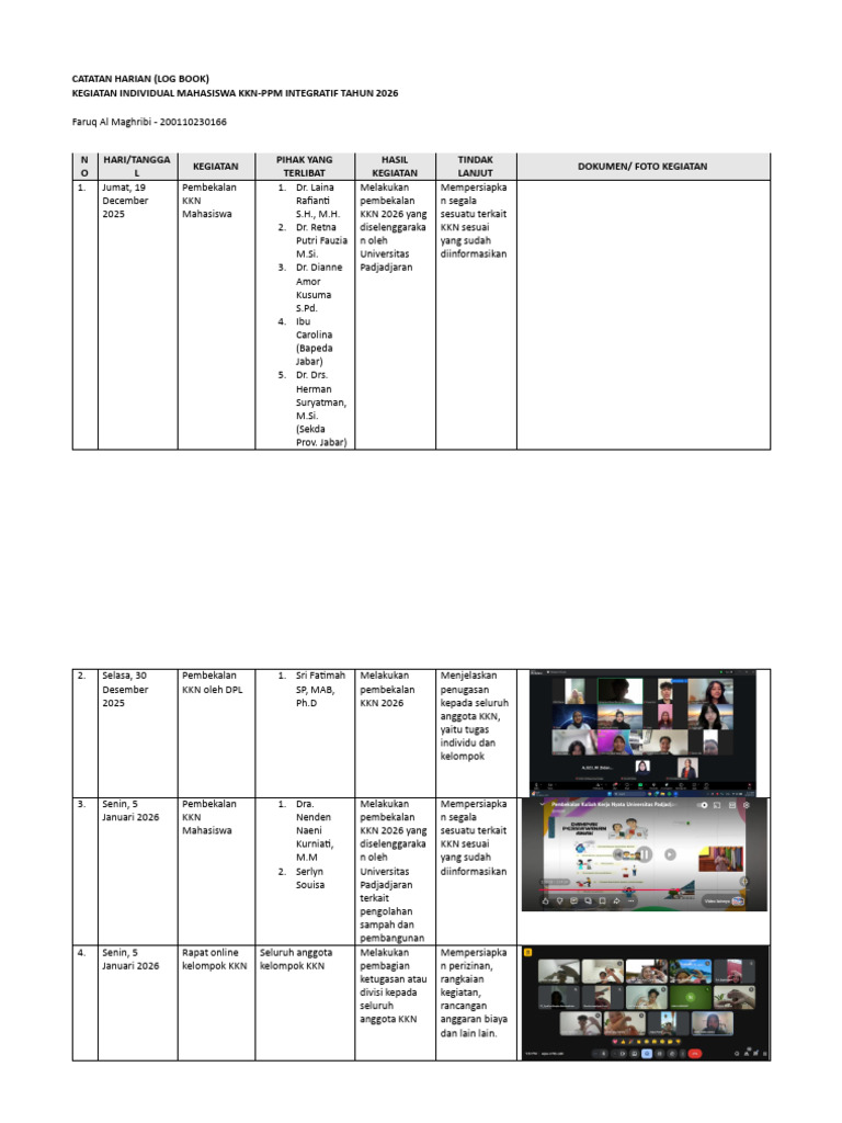 Logbook Catatan Harian Faruq Al Maghribi Mahasiswa KKN 2026 | PDF