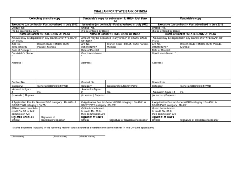 SBI Challan for IDBI Bank Executive Post | PDF