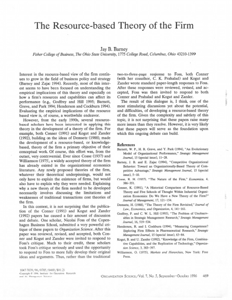 8 the Resource Based Theory of the Firm Barney Organization Science ...