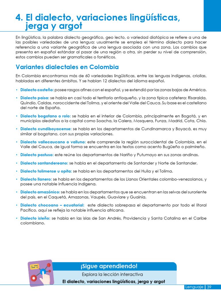 Taller El Dialecto - Variaciones Linguisticas Jerga y Argot | PDF