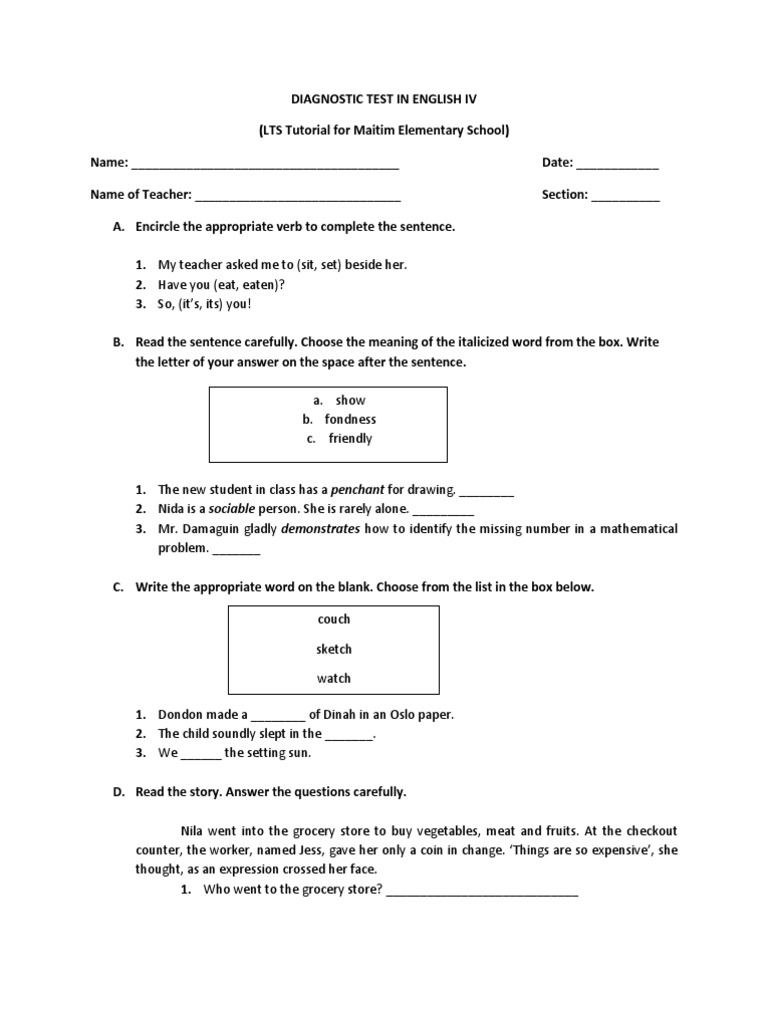 Grade 4 English Diagnostic Test with Key | PDF